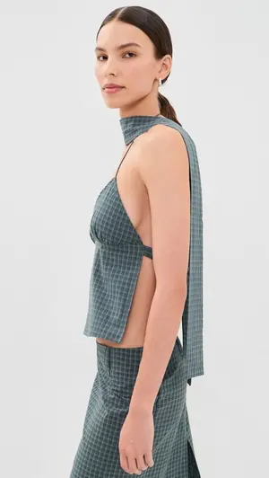 Lioness Play On Halter Top With Detachable Scarf In Plaid