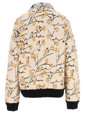 FORTE_FORTE Cherry Blossom Jacquard Bomber Jacket With Ruffled Edges - White