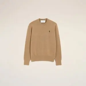 AMI Paris Crewneck Wool Sweater With De Coeur Embroidery - Camel Chine/black