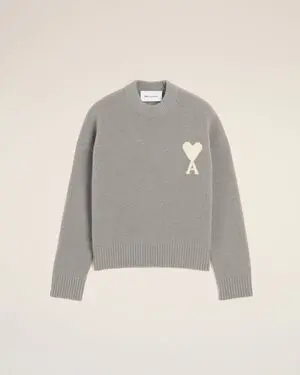 AMI Paris Grey Crewneck Alpaca Sweater With De Coeur