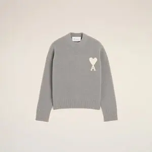 AMI Paris Grey Crewneck Alpaca Sweater With De Coeur - Ash Gray/ecru