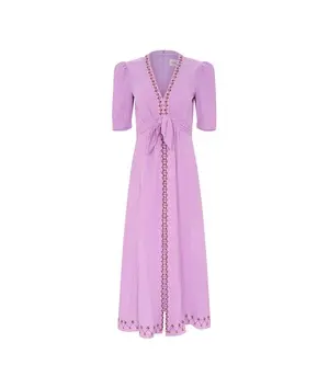 Saloni V-neck Dress With Bubble Sleeves And Front Tie Detail