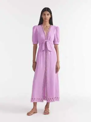 Saloni V-neck Dress With Bubble Sleeves And Front Tie Detail