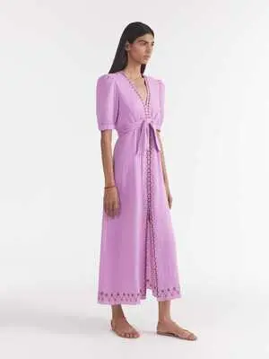 Saloni V-neck Dress With Bubble Sleeves And Front Tie Detail
