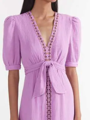 Saloni V-neck Dress With Bubble Sleeves And Front Tie Detail