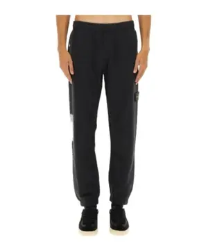 Stone Island Logo Patch Fleece Jogger Pants - Black
