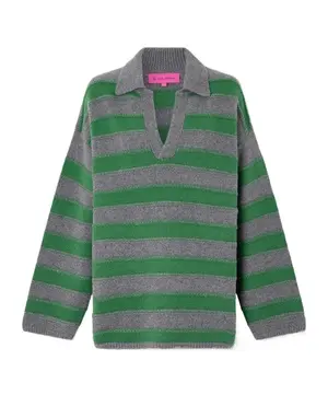THE ELDER STATESMAN Striped Cashmere Polo Sweater - Gray/green