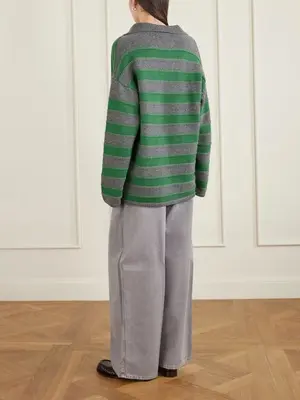 THE ELDER STATESMAN Striped Cashmere Polo Sweater - Gray/green