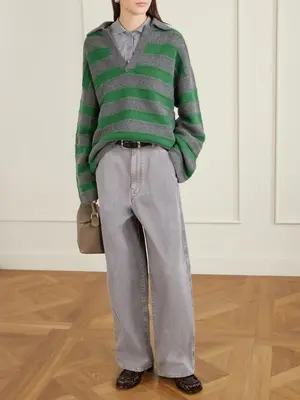 THE ELDER STATESMAN Striped Cashmere Polo Sweater - Gray/green