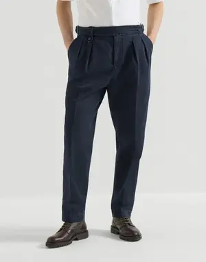 Brunello Cucinelli Cotton Chevron Trousers With Double Pleats And Waist Tabs - Navy Blue