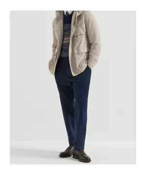 Brunello Cucinelli Cotton Chevron Trousers With Double Pleats And Waist Tabs - Navy Blue