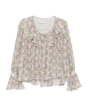 Raquel Diniz Floral Print Ruffled Neckline Long Sleeve Top - No