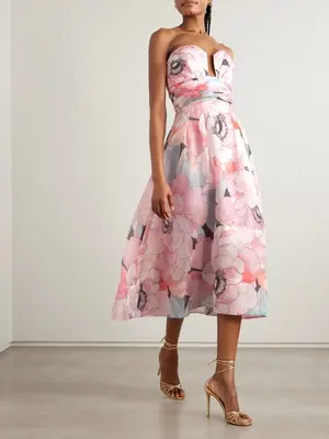 Rebecca Vallance Strapless Printed Silk Organza Dress