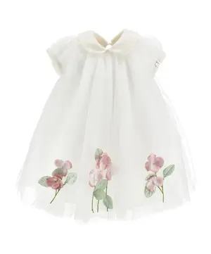 Monnalisa Floral Appliqué Tulle Dress - White
