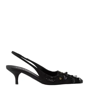 Prada Embroidered Satin Slingback Pumps - Black