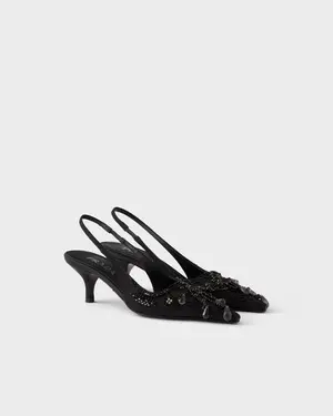 Prada Embroidered Satin Slingback Pumps - Black