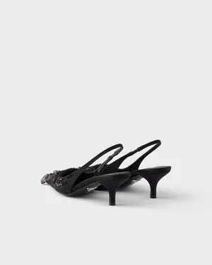 Prada Embroidered Satin Slingback Pumps - Black