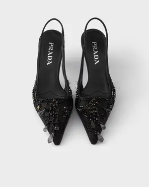 Prada Embroidered Satin Slingback Pumps - Black