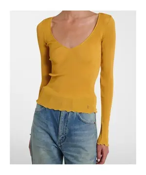Saint Laurent Ribbed Long Sleeve Top With Logo Plaque - No