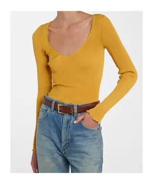 Saint Laurent Ribbed Long Sleeve Top With Logo Plaque - No