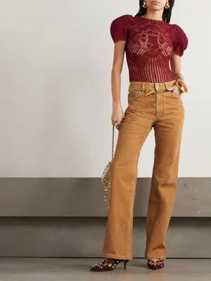 Rabanne Contrast Stitching High-waisted Flared Trousers - Camel