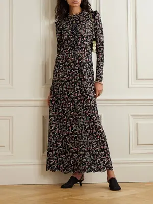 Rabanne Pleated Embroidered Lace Maxi Dress