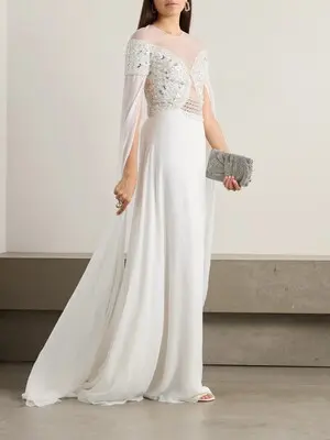 GEORGES HOBEIKA Embellished Georgette Gown With Tulle Trim