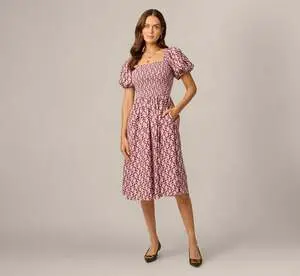 Adrianna Papell Puff Sleeve Printed Midi Dress - Blush Brown Multi