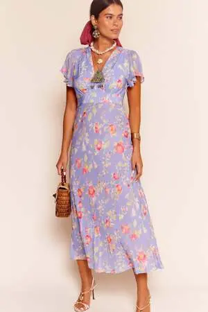 Rixo Florida Waterblossom Provence V-neck Midi Dress - Blue