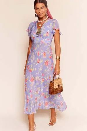 Rixo Florida Waterblossom Provence V-neck Midi Dress