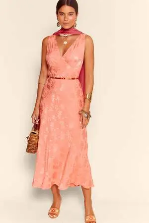 Rixo Sandrine Daisy Jacquard Coral Midi Dress - Pink