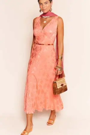 Rixo Sandrine Daisy Jacquard Coral Midi Dress