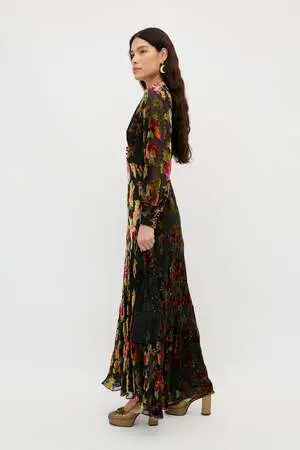 Rixo Emory Countryside Devoré Black Maxi Gown - Multi