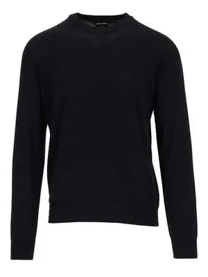 Giorgio Armani Crew Neck Wool Sweater With Embroidered Logo - Blue