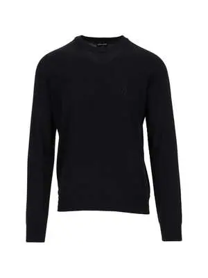 Giorgio Armani Crew Neck Wool Sweater With Embroidered Logo - Blue