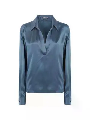 TOM FORD Peach-feel Silk Satin Polo With Tonal Tf Embroidered Logo - Blue