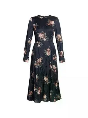 Erdem Floral Pattern Textured Long Sleeve Dress - Black