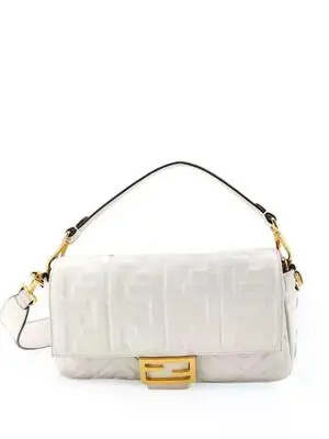 Fendi Baguette Nm Bag Zucca Embossed Leather Medium Crossbody Bag - White