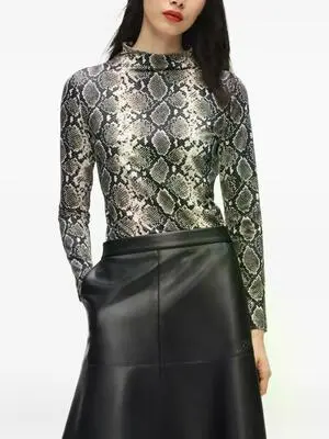 Karl Lagerfeld Snake Print Mock Neck Long Sleeve Top - Black