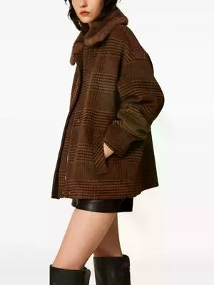 TWINSET Wool Cloth Check Caban Coat With Faux Fur - Brown