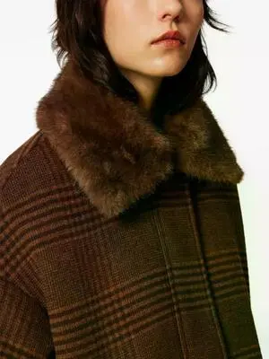 TWINSET Wool Cloth Check Caban Coat With Faux Fur Collar