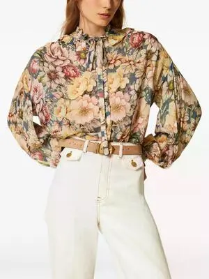 TWINSET Floral Creponne Shirt With Pussy-bow Neckline And Ruffled Details