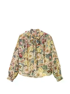 TWINSET Floral Creponne Shirt With Pussy-bow Neckline And Ruffled Details - Blue