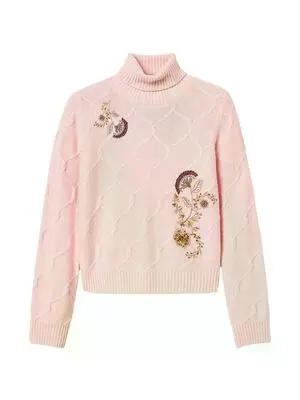 TWINSET Turtleneck Wool Jumper With Floral Embroidery - Pink