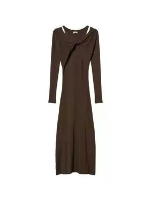 TWINSET Ribbed Knit Long Sleeve Maxi Dress With Front Knot Detail