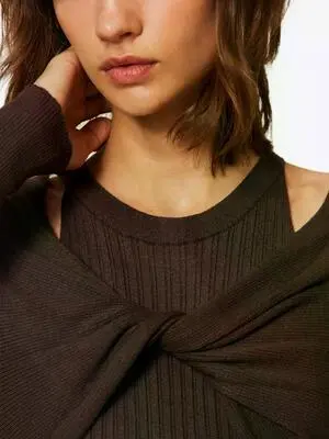 TWINSET Ribbed Knit Long Sleeve Maxi Dress With Front Knot Detail