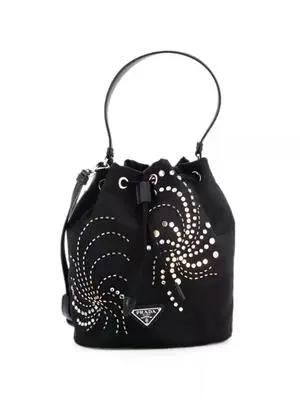 Prada Top Handle Bead Embellished Re-nylon Mini Bucket Bag - Black