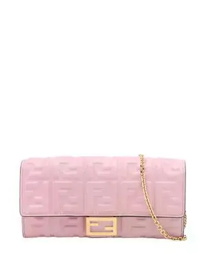 Fendi 2010-2026 Zucca Embossed Nappa Baguette Continental Wallet With Chain Crossbody Bag - Pink