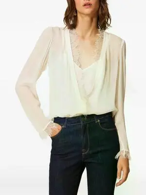 TWINSET Georgette Blouse With Lace Trim - Neutrals