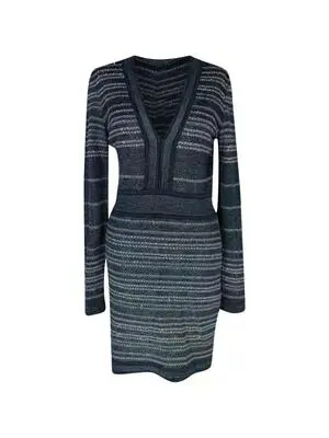 Balmain V-neck Striped Knit Dress - Blue